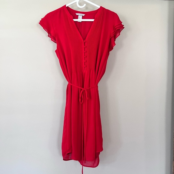 H&M | Dresses | Red Hm Lined Dress With Pleated Chest Tiered Flutter ...